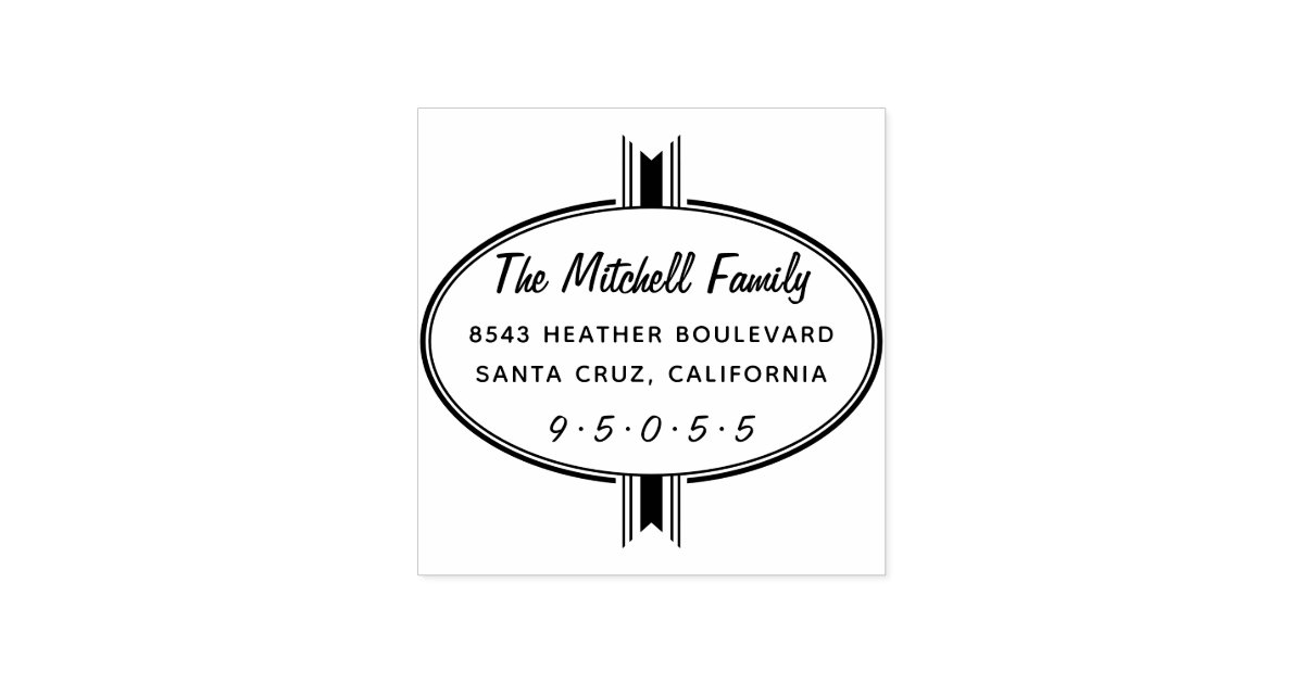 Modern Oval Ribbon Family Name Return Address Rubber Stamp | Zazzle