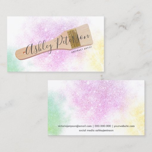 Modern paint brush artist photo pink glitter business card | Zazzle