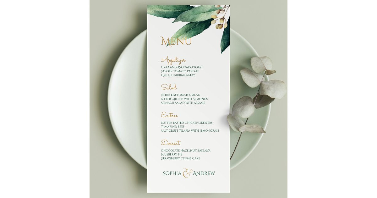 Modern painted botanical greenery rustic wedding menu | Zazzle