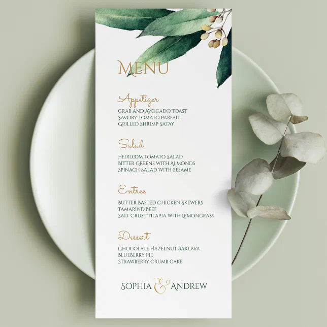 Modern painted botanical greenery rustic wedding menu | Zazzle
