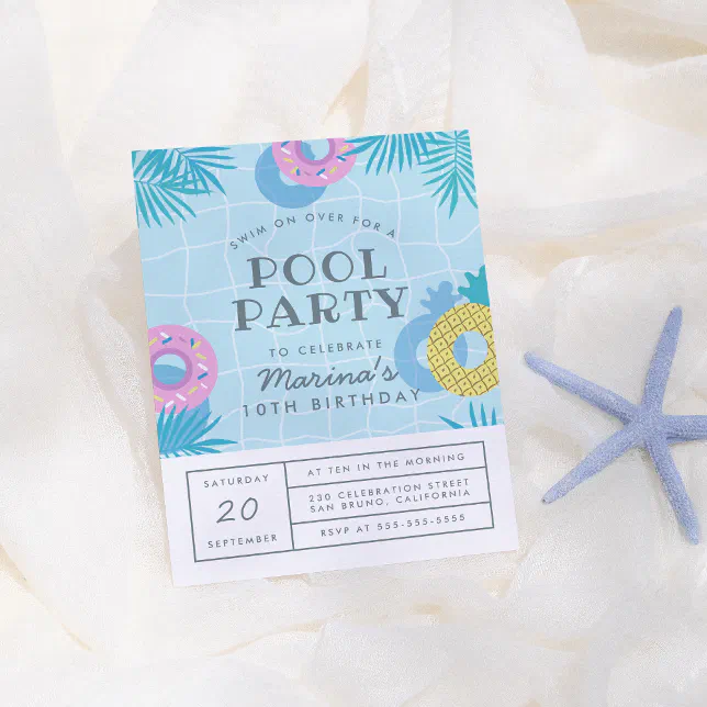 Modern Palm Leaves & Pineapple Pool Party Birthday Invitation Postcard ...
