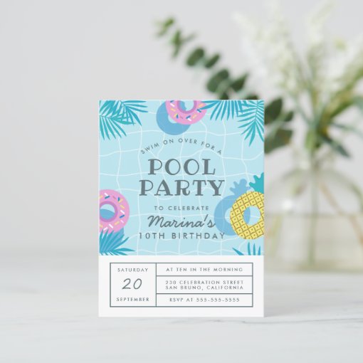 Modern Palm Leaves & Pineapple Pool Party Birthday Invitation Postcard ...
