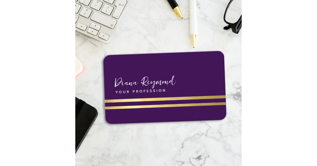Modern Parallel Gold Stripes Dark Purple Business Card | Zazzle