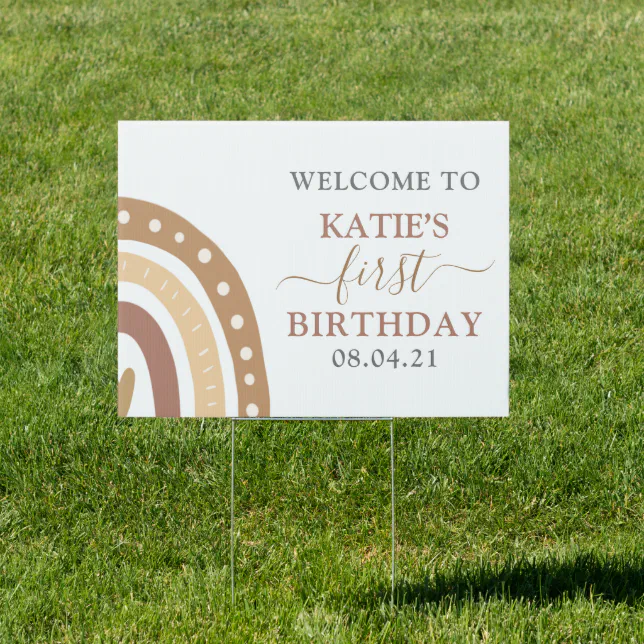 Modern Pastel Brown Rainbow First Birthday Welcome Sign | Zazzle