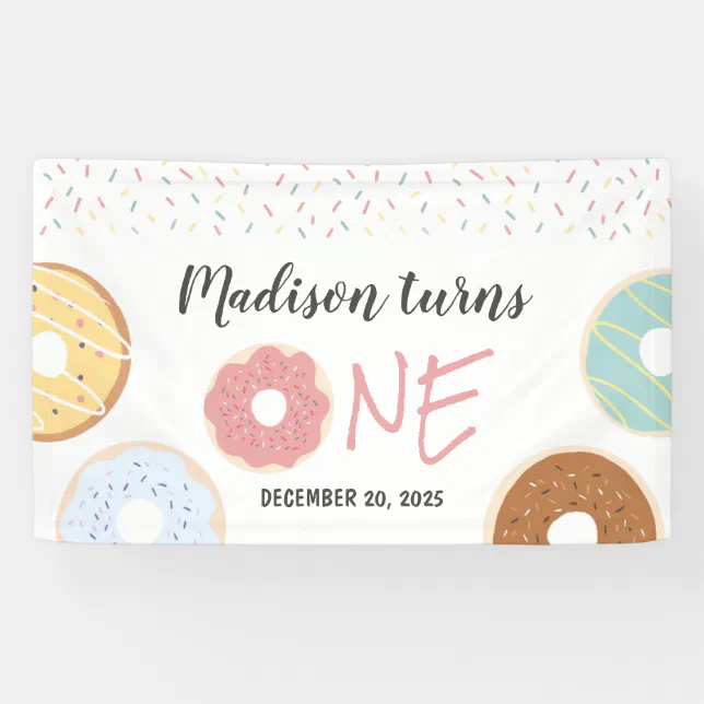 Modern Pastel Donuts and Sprinkles First Birthday Banner | Zazzle