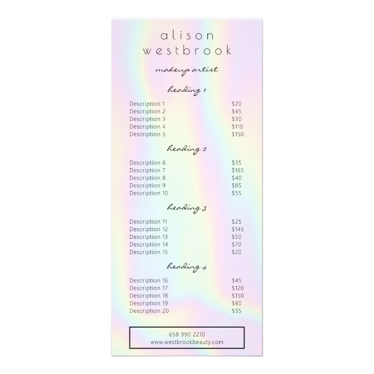 Modern pastel holographic glam salon service menu | Zazzle