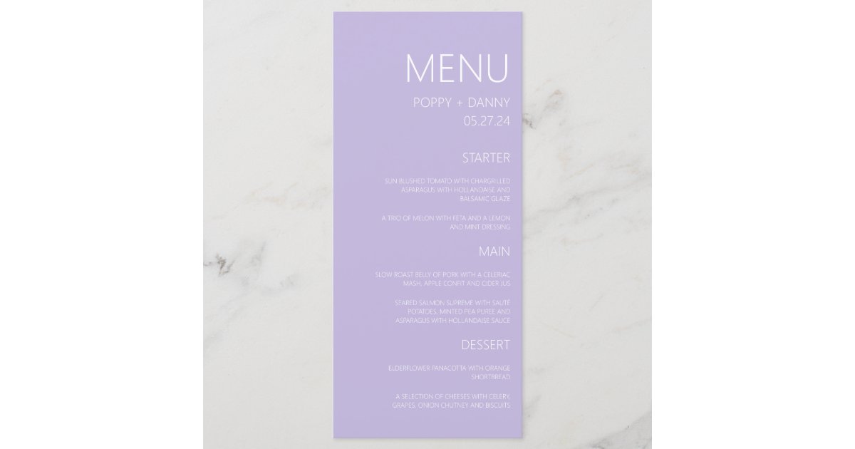 Modern Pastel Purple Wedding Dinner Menu | Zazzle
