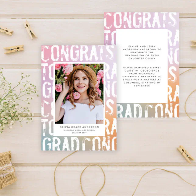 Modern pastel rainbow pink girly photo graduation invitation | Zazzle
