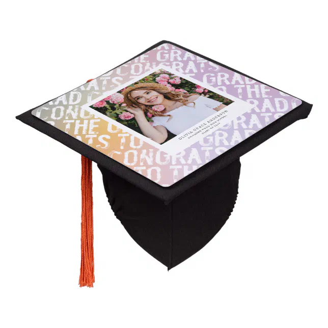Modern pastel rainbow pink photo graduation party graduation cap topper ...