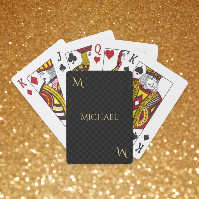 Modern Pattern Elegant Monogram Black Gold Poker Cards | Zazzle