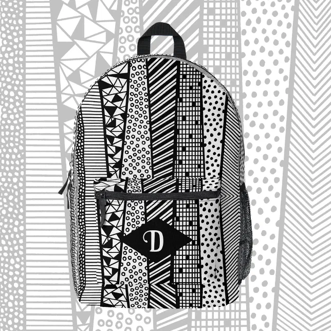Modern pattern in black and white, Monogram Printed Backpack | Zazzle