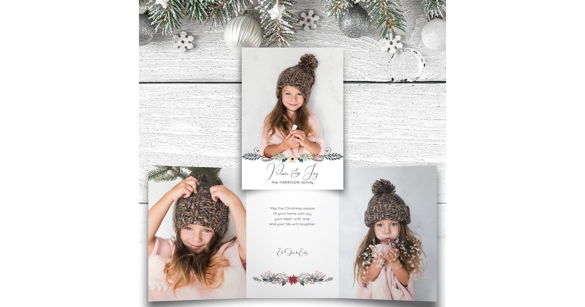 Modern Peace & Joy Christmas Botanical Photo Tri-Fold Card | Zazzle