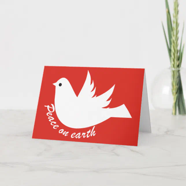 Modern Peace on Earth white dove red Christmas Holiday Card | Zazzle