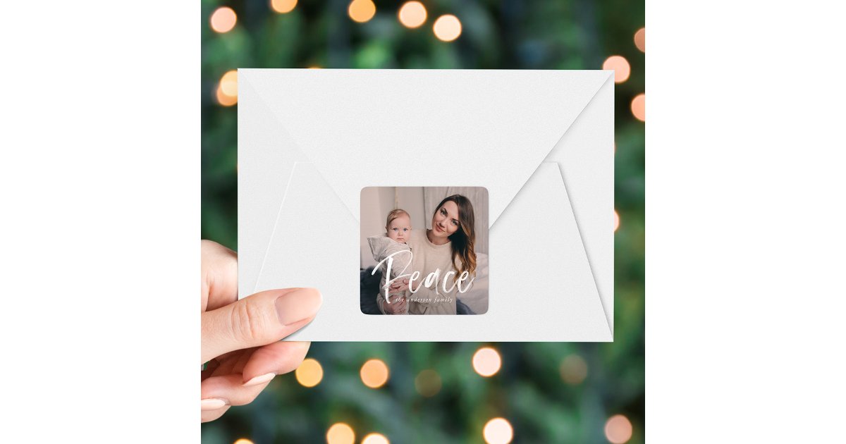 Modern Peace Script Photo Holiday Square Sticker | Zazzle