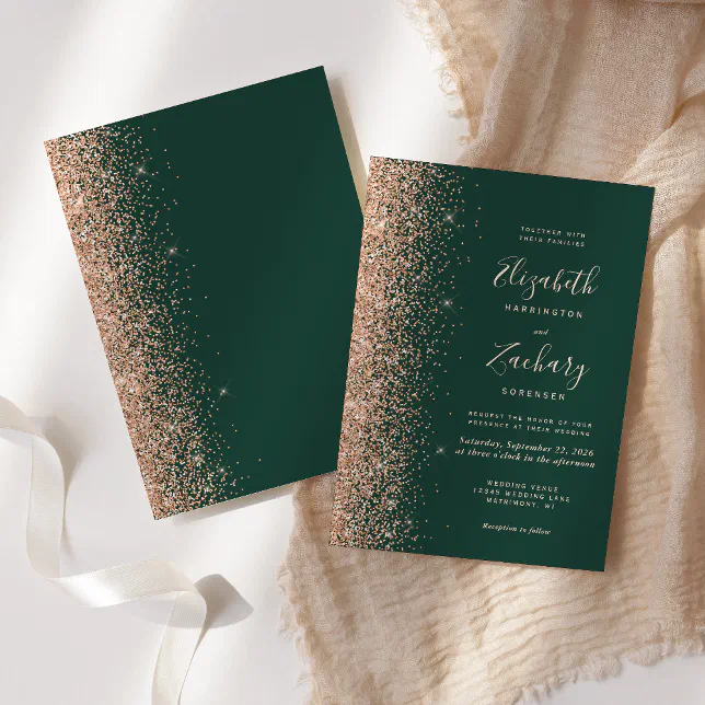 Modern Peach Glitter Edge Emerald Green Wedding Invitation | Zazzle