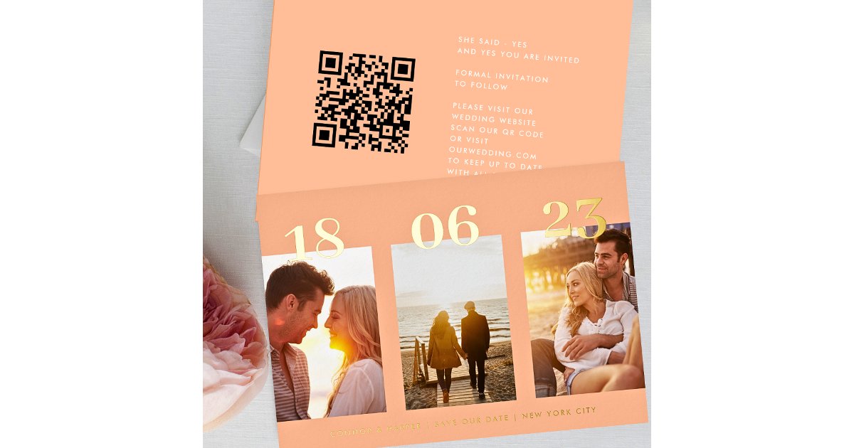 Modern Peach GOLD DATE Three Photo Save The Date Foil Invitation | Zazzle