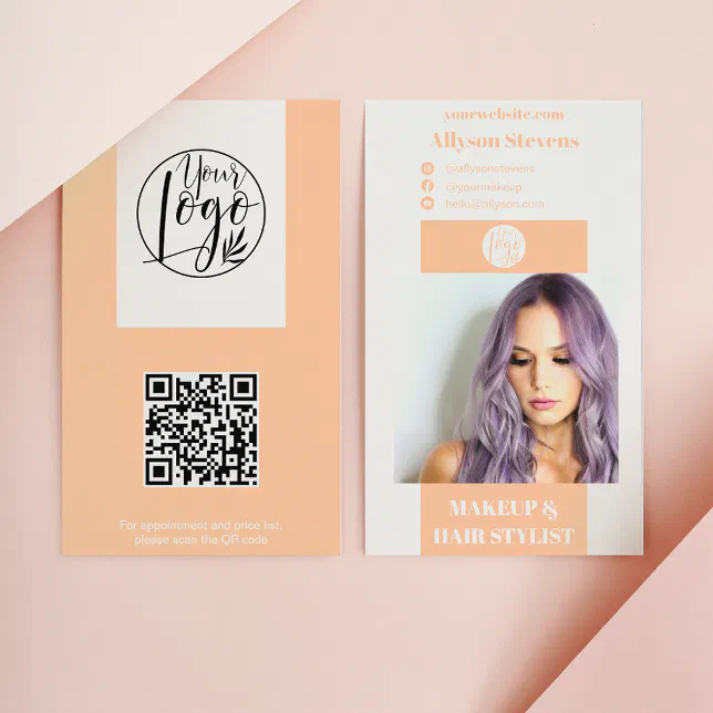 Modern peach makeup hair photo qr code logo business card | Zazzle