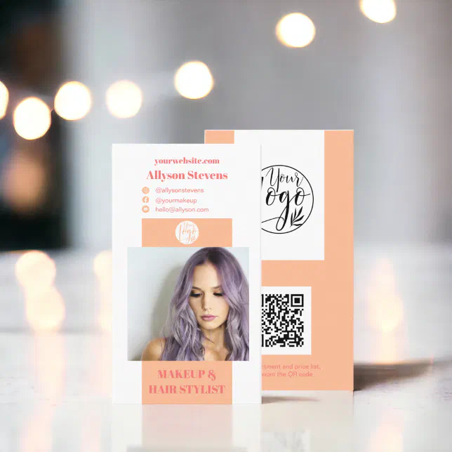 Modern peach makeup hair photo qr code logo business card | Zazzle