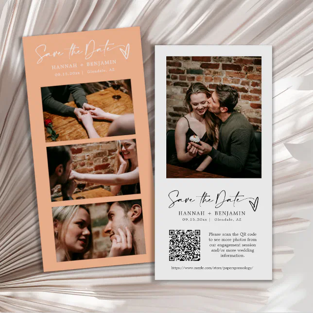 Modern Peach Photo Booth Strip QR Code Save The Date | Zazzle