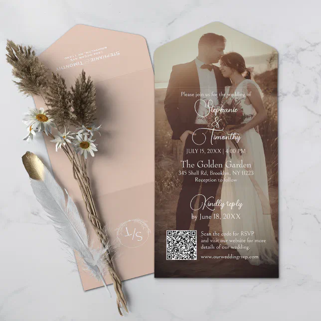 Modern Peach QR Code Photo Wedding All In One Invitation | Zazzle