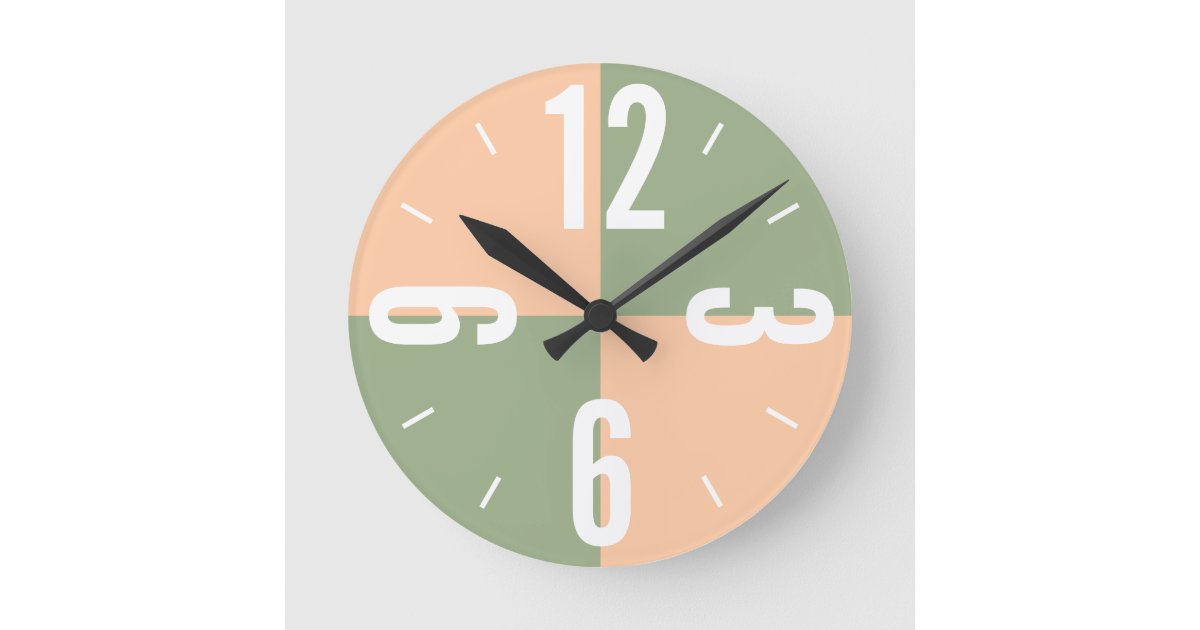 Modern peach sage green color blocks large numbers round clock | Zazzle