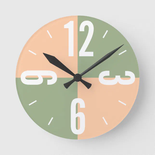 Modern peach sage green color blocks large numbers round clock | Zazzle