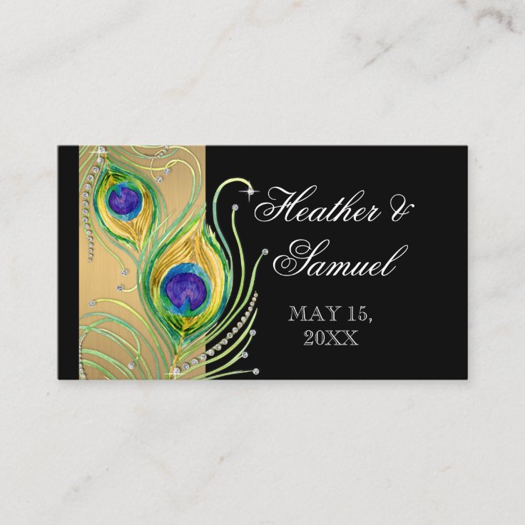 Modern Peacock Feathers Faux Jewel Scroll Swirl Place Card | Zazzle