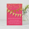 Modern Pennant Banner GoldGlitter Confetti Pink Invitation | Zazzle