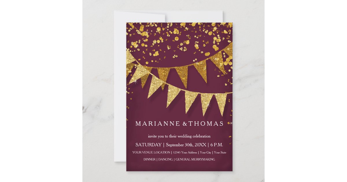 Modern Pennant Banner w Glitter Falling Confetti Invitation | Zazzle