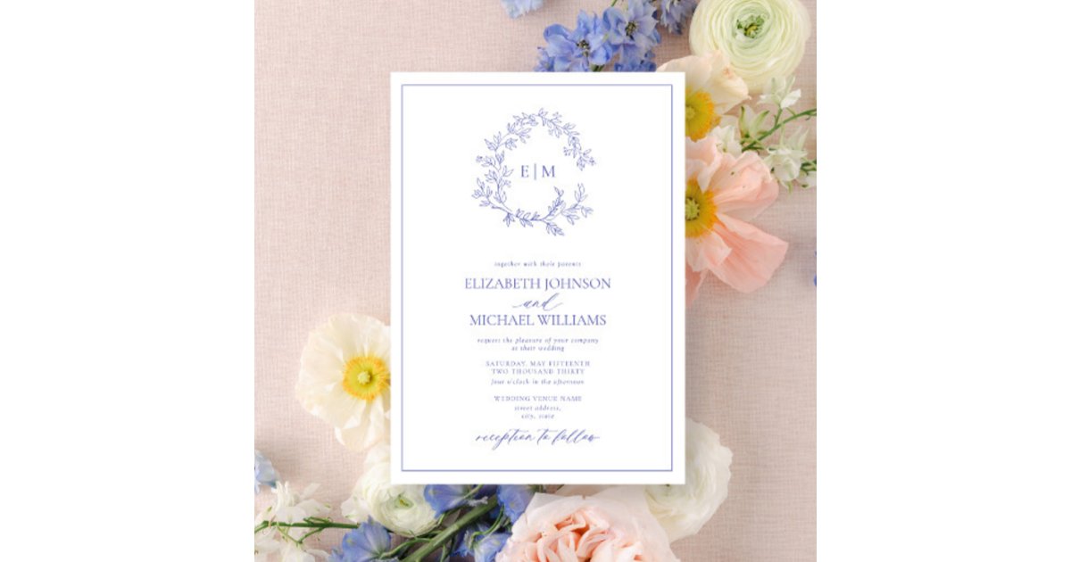 Modern Periwinkle Leafy Crest Monogram Wedding Invitation | Zazzle