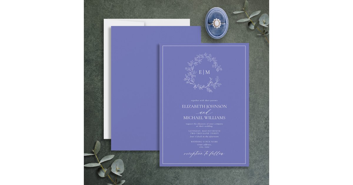 Modern Periwinkle Leafy Crest Monogram Wedding Invitation | Zazzle