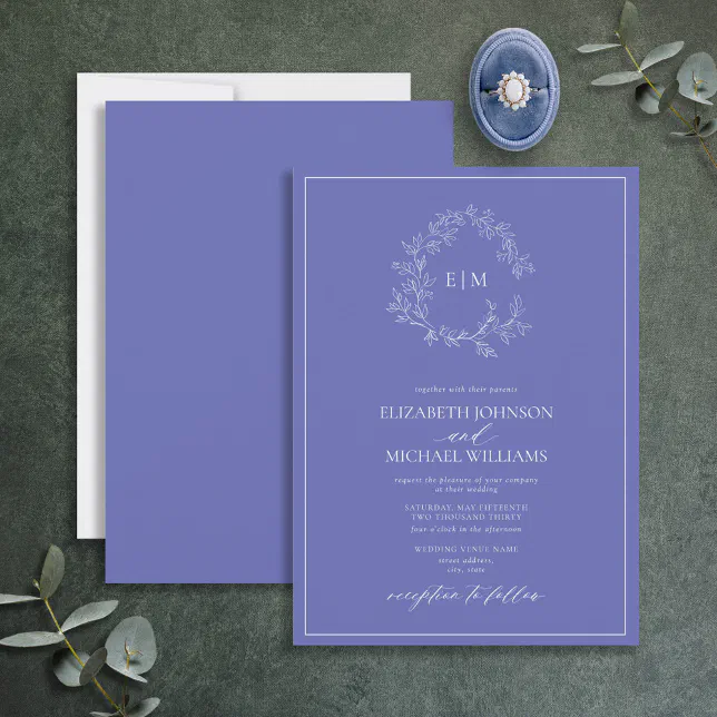 Modern Periwinkle Leafy Crest Monogram Wedding Invitation | Zazzle