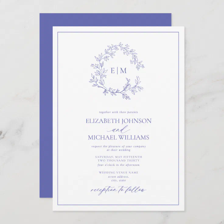 Modern Periwinkle Leafy Crest Monogram Wedding Invitation | Zazzle