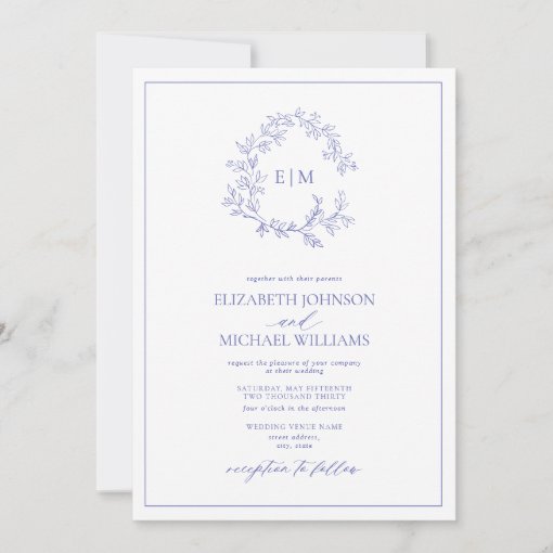 Modern Periwinkle Leafy Crest Monogram Wedding Invitation | Zazzle