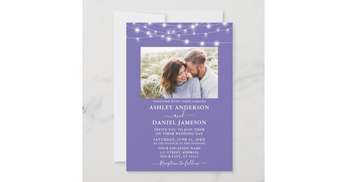 Modern Periwinkle String Lights Photo Wedding Invitation | Zazzle