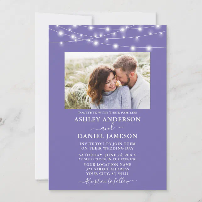 Modern Periwinkle String Lights Photo Wedding Invitation | Zazzle