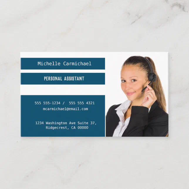 Modern Personal Assistant Photo Blue White Stripe Business Card | Zazzle