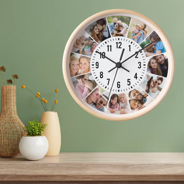 Modern Personalized 12 Photo Collage Clock | Zazzle