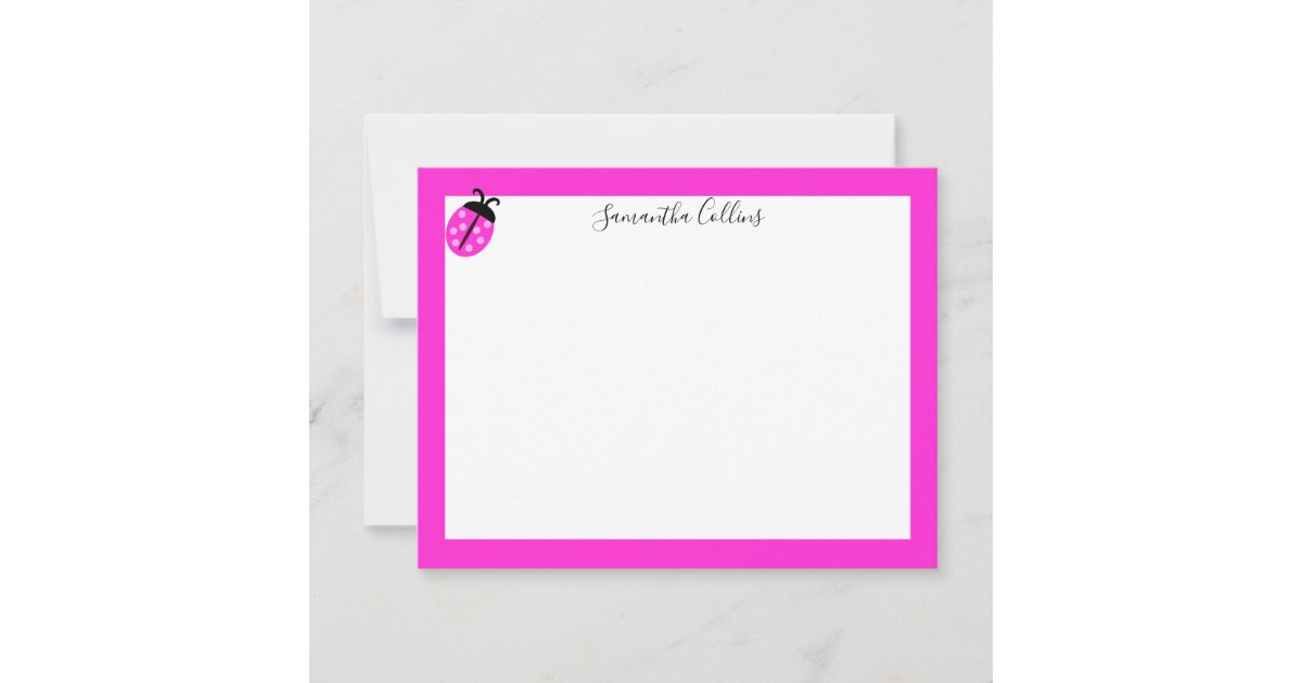 Modern Personalized Handwritten Pink Ladybug Note Card | Zazzle