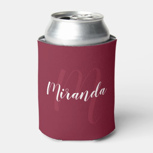 Modern Personalized Monogram and Name Burgundy Red Can Cooler | Zazzle