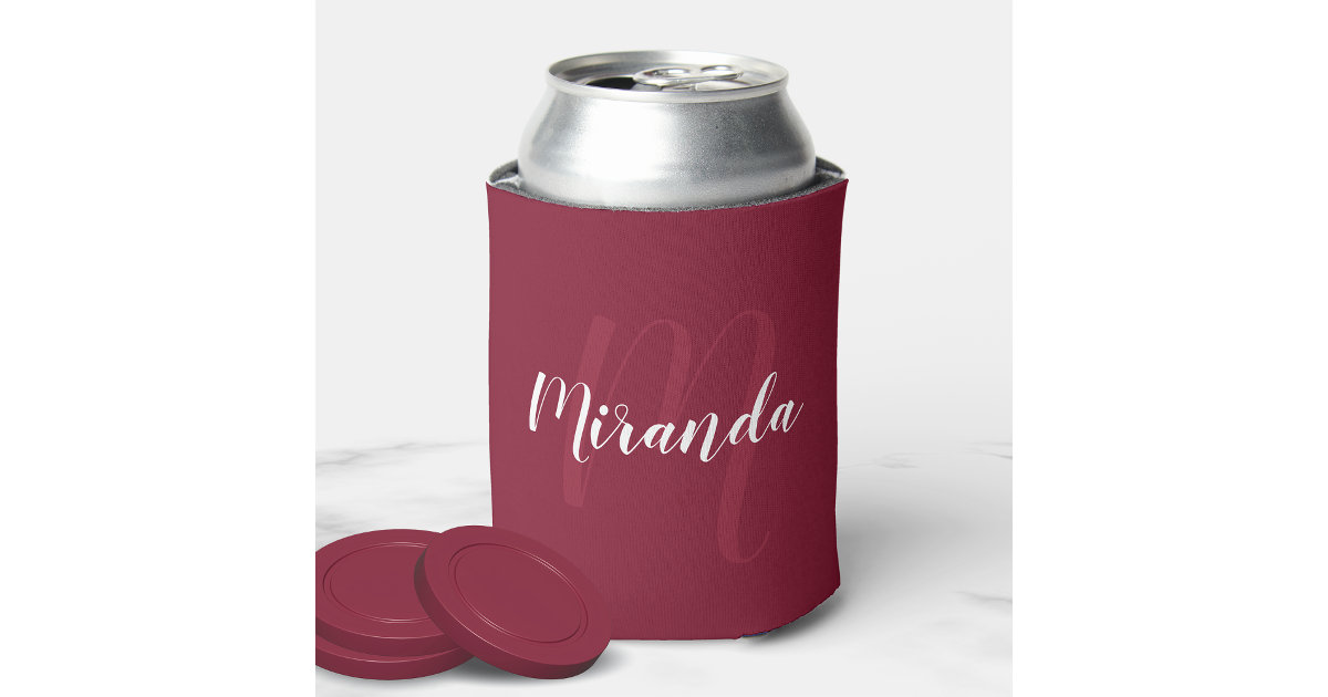Modern Personalized Monogram and Name Burgundy Red Can Cooler | Zazzle