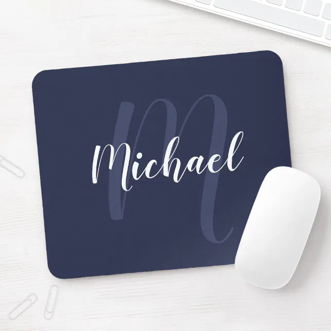 Modern Personalized Monogram and Name Navy Blue Mouse Pad | Zazzle