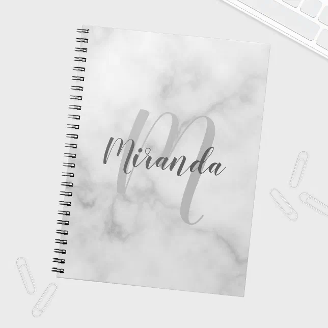 Modern Personalized Monogram and Name White Marble Notebook | Zazzle