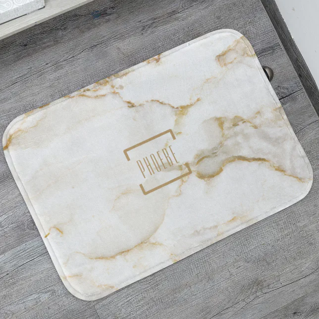 Modern Personalized Name Gold Effect Marble Bath Mat | Zazzle