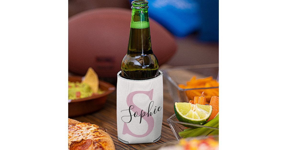 Modern Personalized Name Monogram Pink Can Cooler | Zazzle
