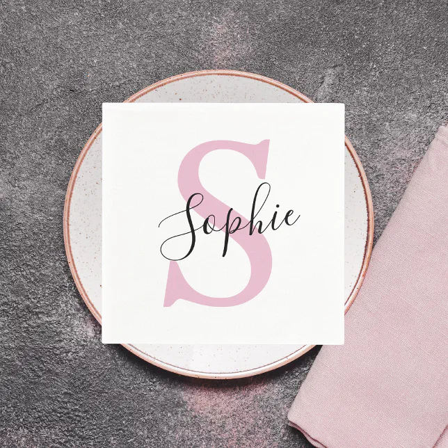 Modern Personalized Name Monogram Pink Napkins | Zazzle