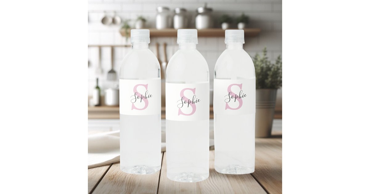 Modern Personalized Name Monogram Pink Water Bottle Label | Zazzle