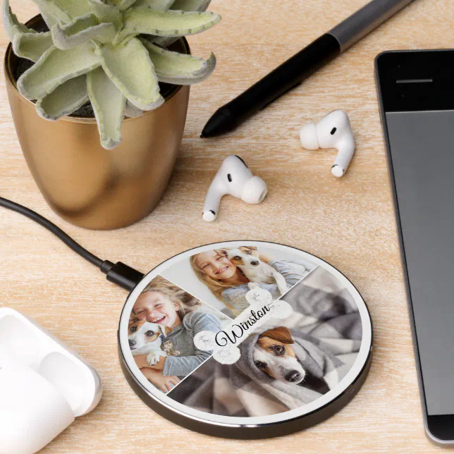 Modern Pet Dog Bone Three Photo Collage Keepsake Wireless Charger | Zazzle