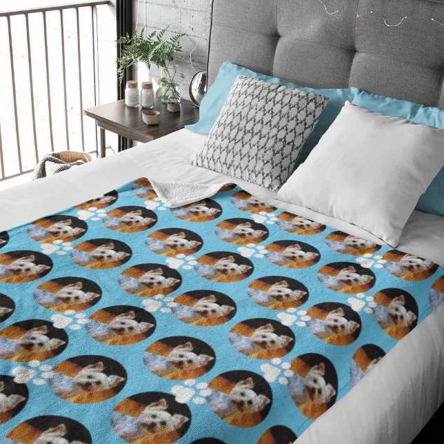 Modern Pet Photo Light Blue Paw Print Cute Fleece Blanket Zazzle