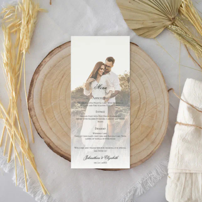 Modern Photo and Overlay Wedding Menu | Zazzle